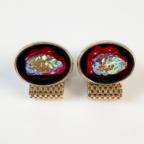 Unbranded | Accessories | Vintage Iridescent Red Lava Glass Gold Tone ...